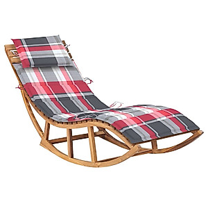 vidaXL Rocking Sun Lounger with Cushion, Outdoor Relaxation Chair, Durable Solid Teak Wood, Fine Sanded Smooth Appearance, Weather-Resistant, Red Check Pattern Cushion, Ideal for Patio/Balcony/Garden