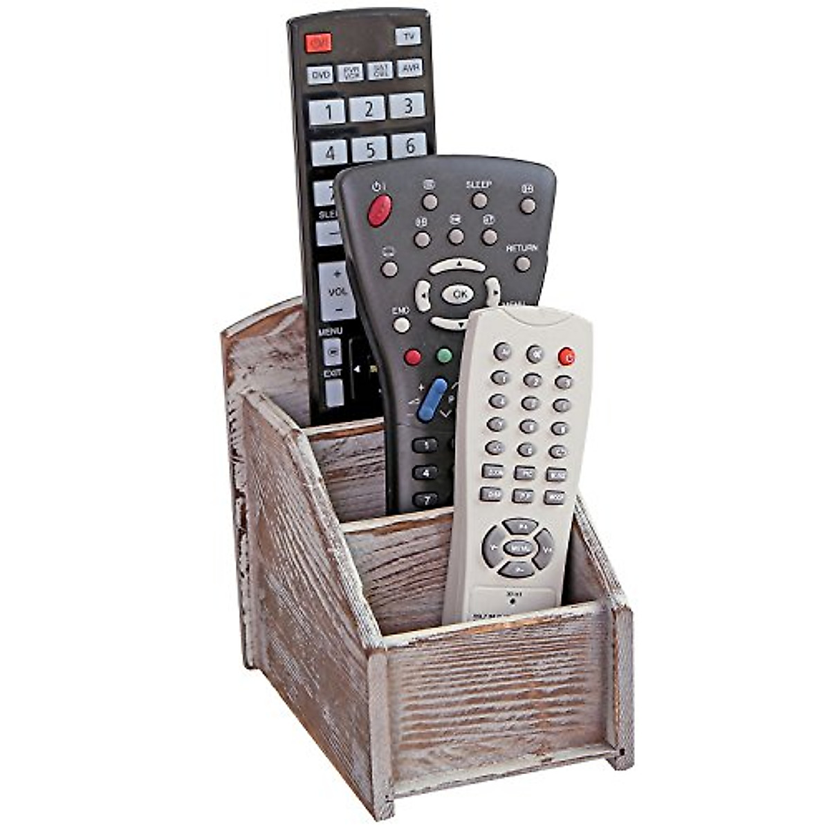 MyGift Rustic Torched Wood Remote Control Holder for Table, 3 Slot Multipurpose Organizer Storage Caddy