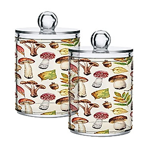 ALAZA Mushroom Watercolor Autumn 2 Pack Qtip Holder Dispenser 14 Oz Clear Plastic Apothecary Jar Containers Jars Bathroom for Cotton Swab, Ball, Pads, Floss, Vanity Makeup Organizer