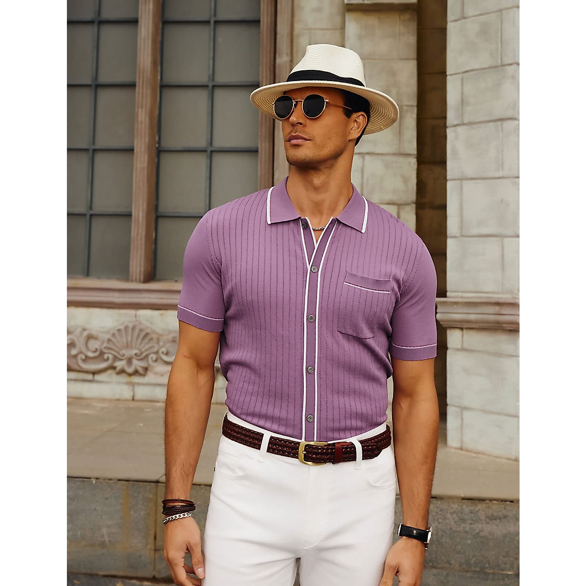Mens Short Sleeve Knit Shirt Vintage Button Down Golf Polo Shirt Purple S