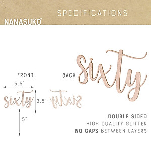 NANASUKO 60th Birthday Cake Topper - sixty - Double Sided Rose Gold glitter - Premium quality Made in USA