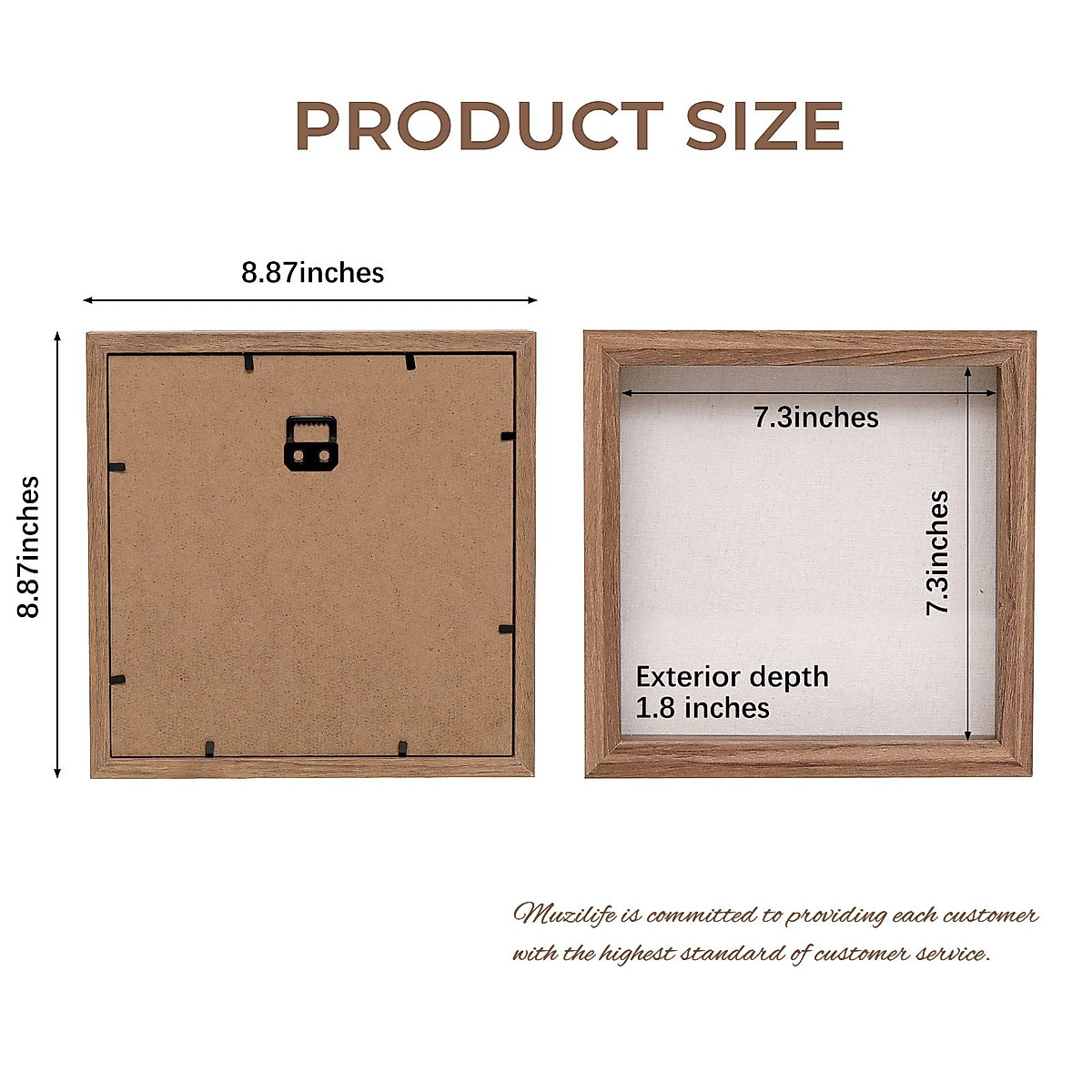 Muzilife 8x8 Shadow Box Picture Frame with Linen Board - Deep Wood & Glass Display Rustic Case Ready to Hang Memorabilia, Pins, Awards, Medals, Wedding, Tickets, and Photos, Carbonized Small