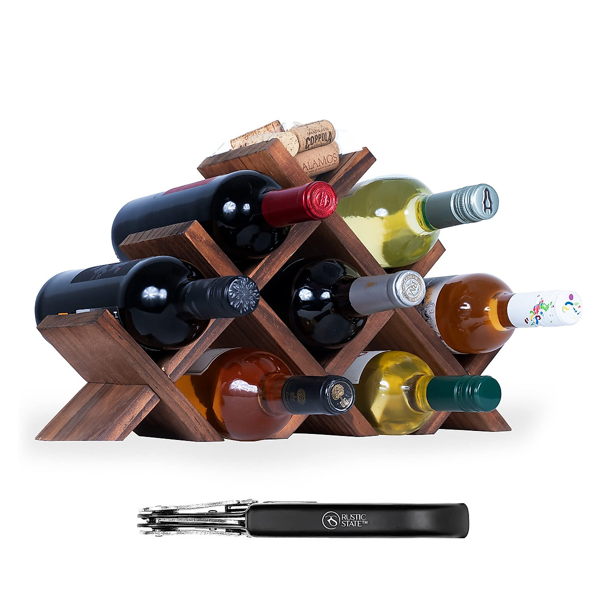 Rustic State Alella Countertop Wine Rack with Cork Opener - 8 Bottle Holder Cork Storage - Butterfly Sleek Design Freestanding Wood Tabletop Wine Display - Home Bar Décor - Walnut