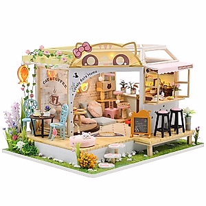 CUTEBEE Dollhouse Miniature with Furniture, DIY Wooden Dollhouse Kit Plus Dust Proof, Creative Room Idea(Cat Coffee Garden)