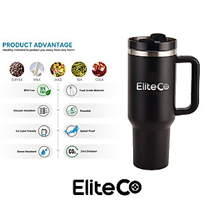 EliteCo 40oz Travel Mug | Insulated Coffee Mug | Stanley Cup BPA Free Lid Stainless Steel Tumbler With Handle And Straw