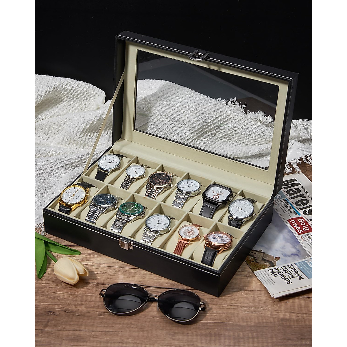 Ohuhu Watch Case, 12 Slot PU Leather Real Glass Lid, Watch Box Watch Holder Organizer Display Storage Box Soft Velvet Jewelry Box for Men and Women Birthday