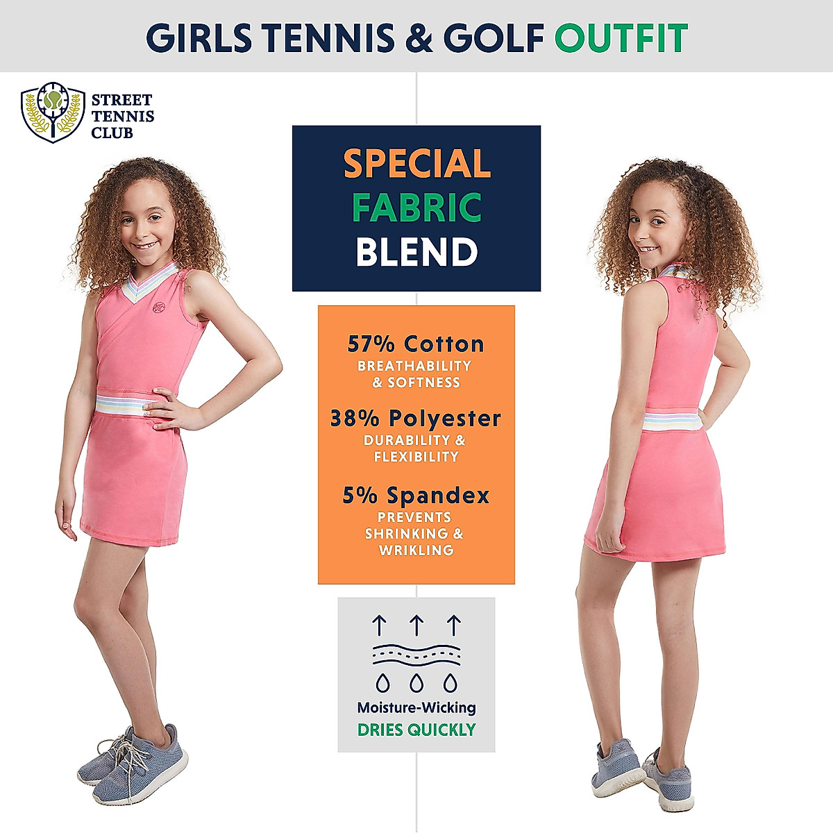 Street Tennis Club Girls Tennis Dress & Golf Outfit, Athletic Skirts Dress with Built-in Shorts - Girls Active Golf and Tennis Clothes Pink Medium (8-9 Years)