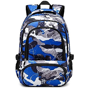 BLUEFAIRY Kids Backpack Boys Elementary School Bags Primary Middle School Book Bags for Teens Kindergarten Sturdy Waterproof Lightweight Durable Travel Gifts 17 Inch Ages 6-12 (Camo Blue)