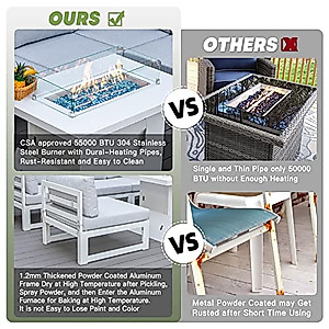 NICESOUL® Aluminum Patio Furniture Set with Fire Pit Table 43" Propane Gas Convertable CSA Approved Outdoor Luxury Conversation Sofa Set with Firepit White Color