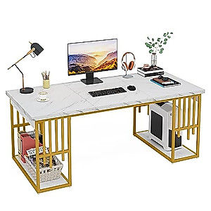 Tribesigns 70.9" Dining Table for 6-8, Long Modern Kitchen Table with Storage, Large Rectangular Dinner Table for Kitchen, Dining & Living Room, White Faux Marble Top & Gold Metal Frame, Easy Assembly