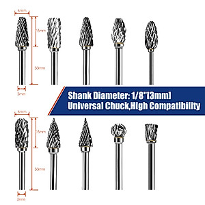 10Pcs Carbide Burr Bits Set Compatible with Dremel 1/8", Rotary Tool Bits with Double-Cut Design, Die Grinder Bits Accessories for Metal Aluminum Wood Stone Steel Plastic Carving Cutting Grinding