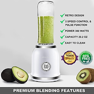 Personal Blender for Smoothies & Shakes - Portable Mini Smoothie Blender with BPA-Free 2 Travel Bottles 20 oz with Lids, 2 Speed Manual Control, 6 Stainless Steel Blades - 300 Watts