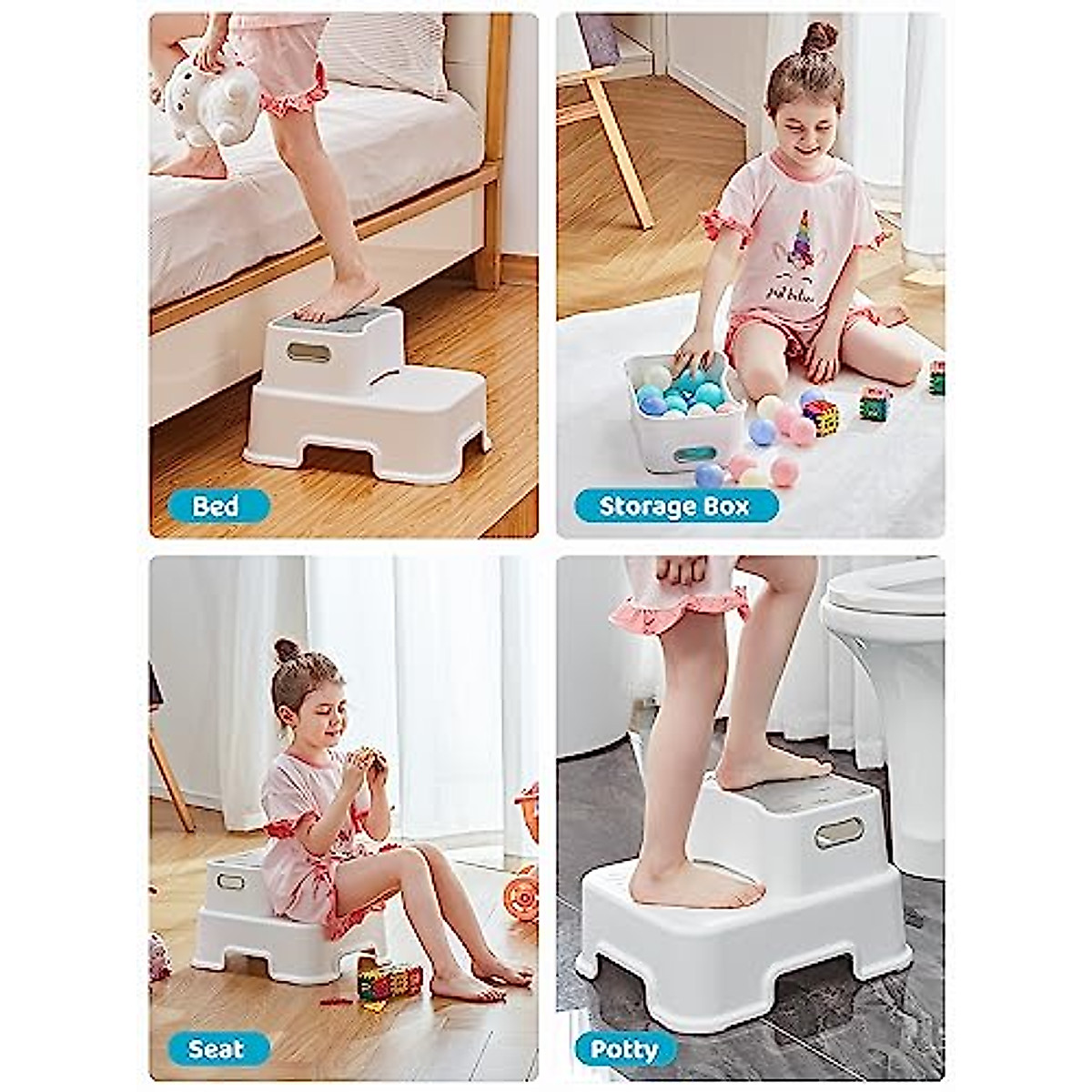 HEETA 2 Step Stool for Kids and Toddler, Anti-Slip Sturdy Step Stool for Potty Training or Kitchen Helper Stool, 2 in 1 Step Dual Height to Reach Kitchen Counter Bed or Sink, Grey & White