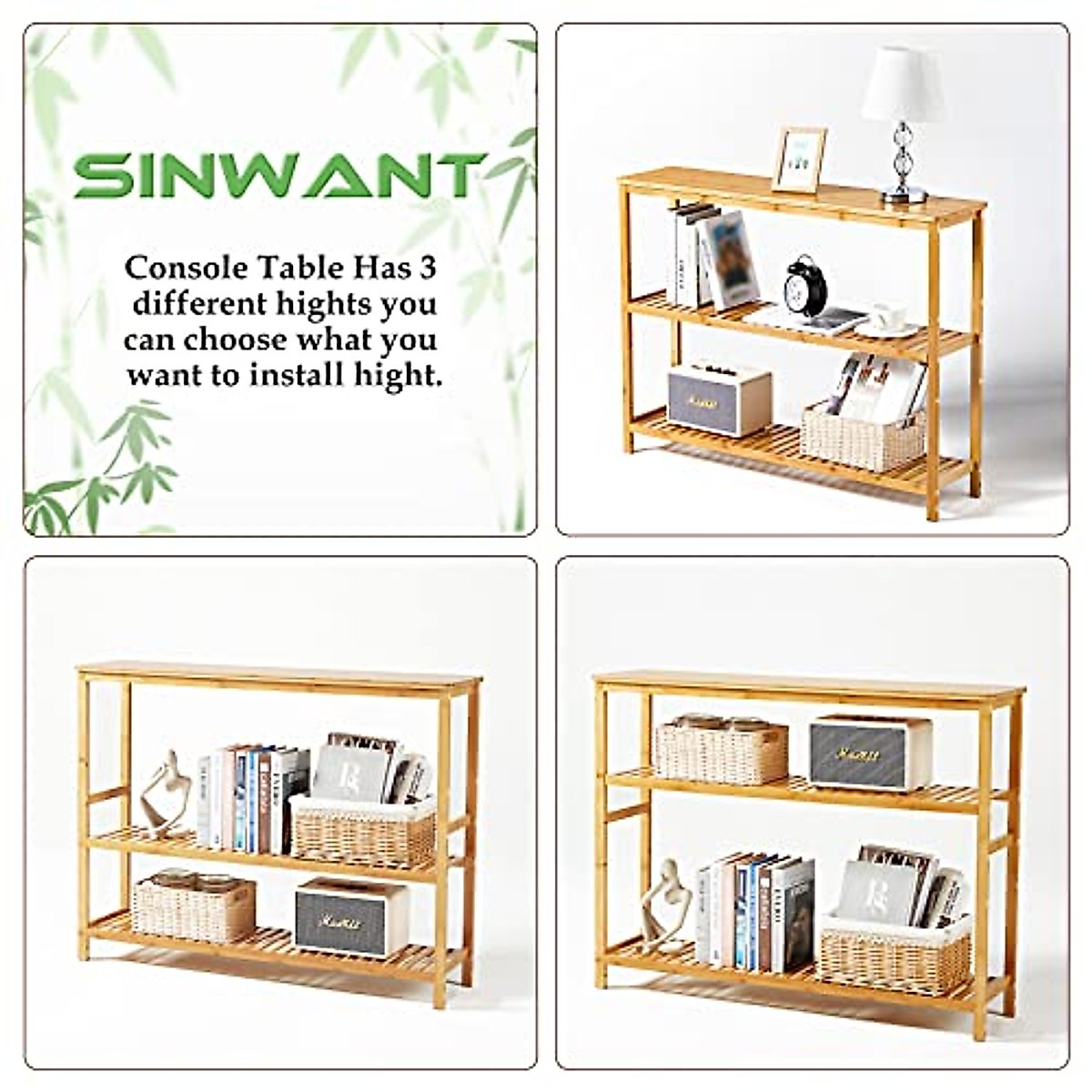 SINWANT Narrow Console Table,Bamboo Sofa Table with 2 Mesh Shelves,Entryway Table Foyer Table for Hallyway,Front Hall,Couch,Living Room,Kitchen etc. Long Console Tables for Entryway,39.4 inch
