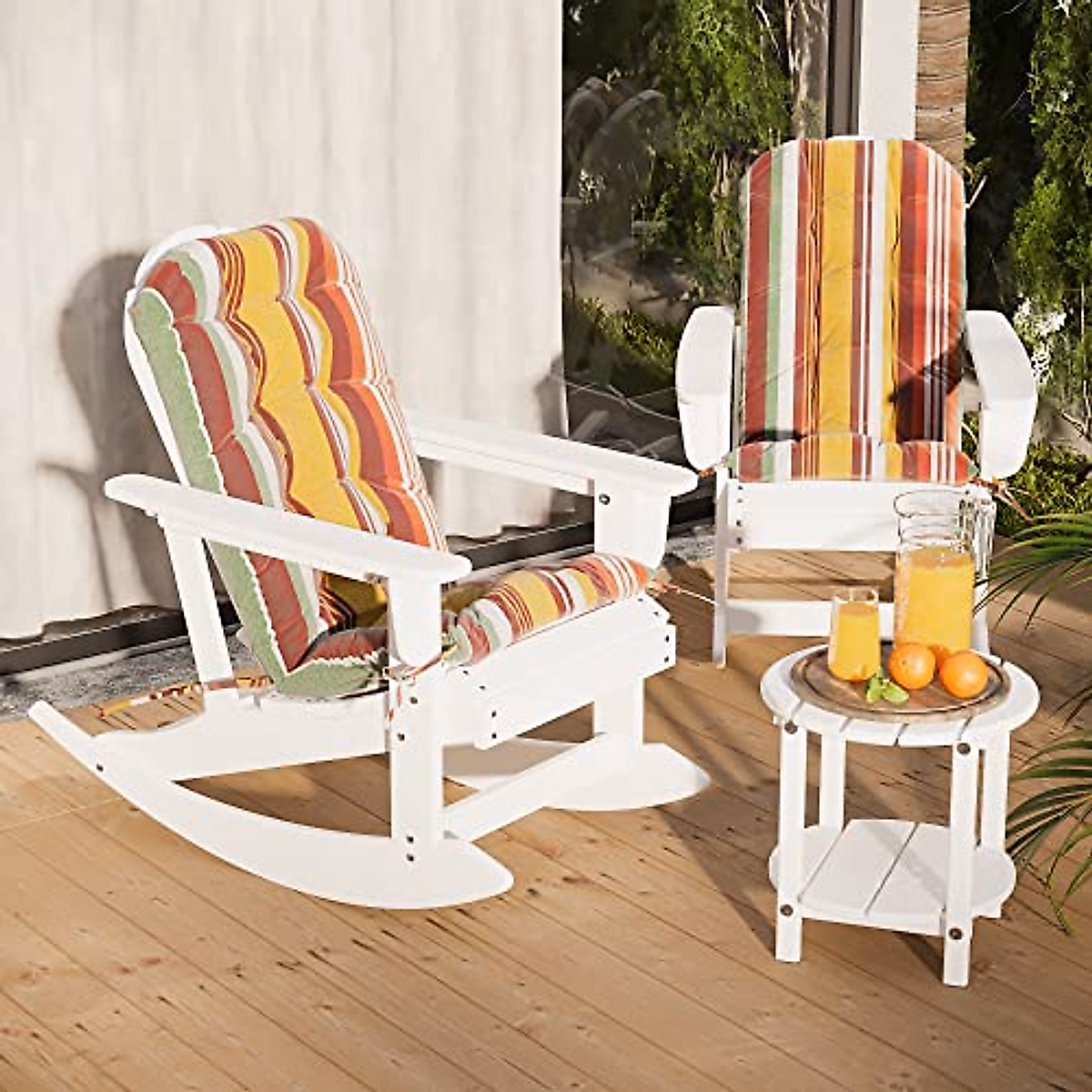 Sundale Outdoor Adirondack Rocking Chair with Cushion, HDPE Patio Plastic All Weather Adirondack Rocker, Water Resistant for Outside, Garden, Pool, Yard, White