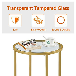 Yaheetech Glass End Table, Round Side Table, Small Coffee Accent Table Nightstand w/Glass Top & Metal Frame for Living Room, Balcony, Bedroom, Porch, Small Space, Modern Style, Mustard Gold