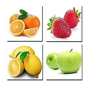 Purple Verbena Art 4pcs/set Stretched and Framed Orange, Apple, Lemon, Strawberry Fruits Design Wall Artwork Paintings, 12x12 Inches Giclee Walls Canvas Art Work for Kitchen Home Decor, Ready to Hang