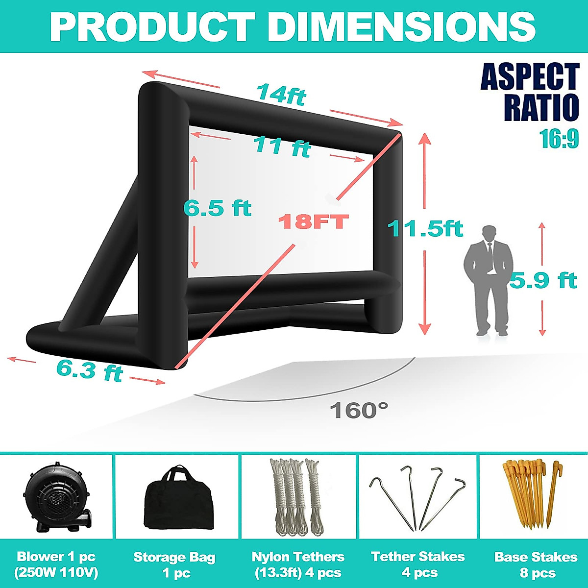 GYUEM 18 feet Inflatable Outdoor Projector Movie Screen - Package with Rope, Blower, Tent Stakes - Portable,Great for Outdoor and Indoor Party Backyard Pool Watch Movies