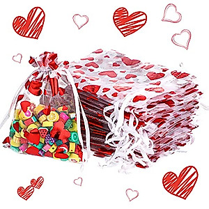 300 Pcs Valentine's Day Heart Candy Bags Organza Jewelry Pouches Drawstring Bags Valentine Love Heart Gift Bags Wedding Gift Pouch Drawstring Pouch for Gift Packaging (Heart Pattern, 3.94 x 4.72 Inch)
