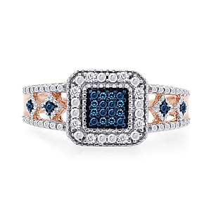 AFFY 1/10 Carat Round Cut Enhanced Blue And White Natural Diamond Square Frame Wedding Band In 14k Rose Gold Over 925 Sterling Silver (Clarity : I2-I3, Color : I-J, 0.10 Cttw) Size -4