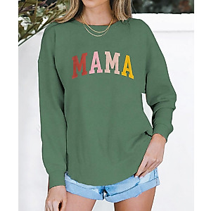 KEKEMI Mama Sweatshirt For Women Crewneck Mama Letter Print Pullover Tops Long Sleeve Mom Life Shirts Casual MAMA Graphic Top（Green-05,Small