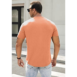 JMIERR Mens Muscle Slim Fit Button Henley Shirts Summer Crewneck Short Sleeve Longline Fitted T-Shirt Gym Workout Athletic Tees Shirt for Men, L, Orange