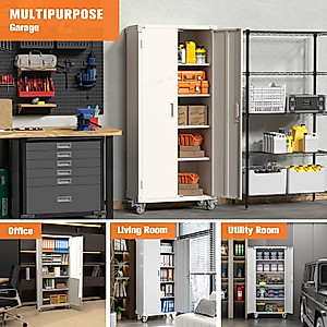 Aobabo Metal Storage Cabinet with Wheels,Heavy Duty Office Storage Cabinet with Lock,Steel Cabinet with 2 Doors and 4 Adjustable Shelves for Office Home School Storage,Required-Assembly White