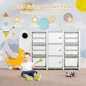 duke baby Kids 3 Layer Toy Storage Organizer with 10 Storage Bins, 3 Toy Cabinets with Doors, Display Bookshelves and Toy Cart for Kids Playroom Bedrooms Age 1-12, Space Collection Large