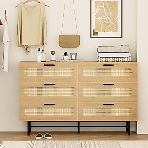 MAISONPEX 6 Drawer Dresser for Bedroom Wooden, Natural Rattan Double Dresser Chest of Drawers, Wide Wood Dressers for Nursery, Bedroom, Hallway, Living Room