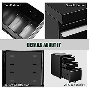 Black File Cabinet, 3 Drawer Mobile File Cabinet with Lock and Wheels, Under Desk Metal Filing Cabinet for Office，Lockable Rolling Cabinet with 2 Keys for Legal/Letter/A4 Size, Fully Assembled （A）