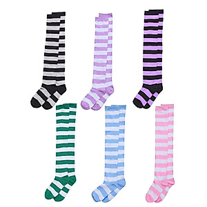 Women's Extra Long Opaque Striped Over Knee High Stockings Socks, 6 Pairs K, One Size