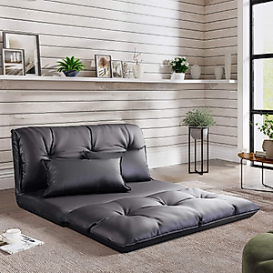 Angel Sar Adjustable Floor Sofa Bed, PU Futon Lazy Sofa, Folding Couch, Gaming Sofa with 2 Pillows for Living Room, Bedroom, Black