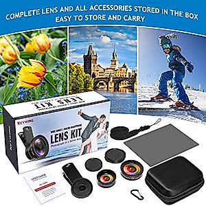 KEYWING Phone Camera Lens Kit, 15x Macro Lens for iPhone & Android +0.45x Super Wide-Angle Lens for iPhone 8 x xr 11 12 13 14 pro max for Samsung, with Travel Case, Cleaning Cloth &Lanyard