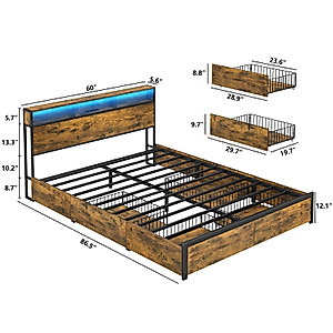 furomate Bed Frame Queen Size Metal Bed Frame with Storage Headboard and 4-Drawers, Platform Bed Frame with LED Light & Charging Station, No Box Spring Needed, Rustic Brown