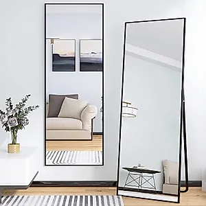 Yone jx je 65" x 24" Full Length Mirror Hanging Standing or Leaning, Bedroom Mirror Floor Mirror Wall-Mounted Mirror with Alloy Frame, Black