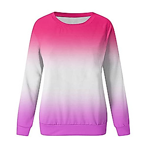 Womens Casual Round Neck Sweatshirt Long Sleeve Top Gradient Color Matching Pullover Loose Version (b-Hot Pink, M)