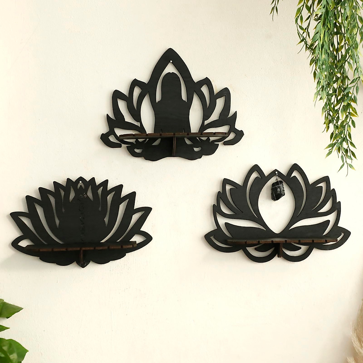 Artilady Lotus Flower Crystal Shelf -3 Pack Floating Shelves for Wall Bedroom Decor Black Cute Display Shelf for Crystals and Stones Aesthetic Boho Room Decorations Witchy Gift for Women…