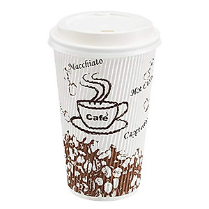 Amazon Basics Insulated Ripple Wall Polyethylene Hot Cups with Lids, Café Design, 16 oz, 100-Count