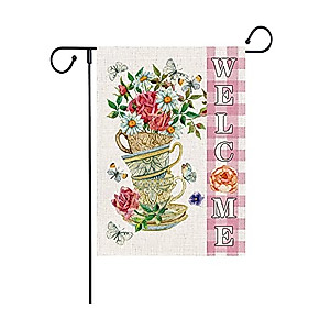 Welcome Flower Garden Flags, Spring Buffalo Plaid Vertical Double Sized Burlap Flag for House Yard Outdoor Decor 12.5 x 18 Inch