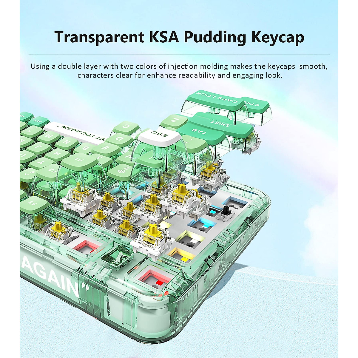 GK GAMAKAY GK75 75% RGB Transparent Gasket Mechanical Keyboard, Bluetooth/USB-C/2.4GHz 80 Keys Hot Swap Gateron Yellow Switch 2.0 KSA Profile PBT Keycaps Gaming Keyboard (Mint Green)