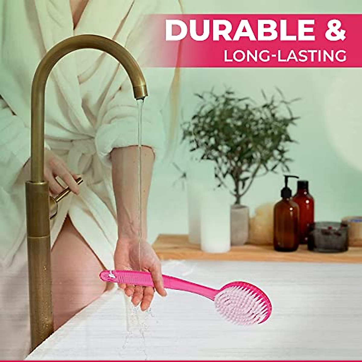 Bistras Bath Brush with Bristles, Bath and Shower Scrubber, Long Handle for Exfoliating Back, Body, and Feet, Green (1 Pack)