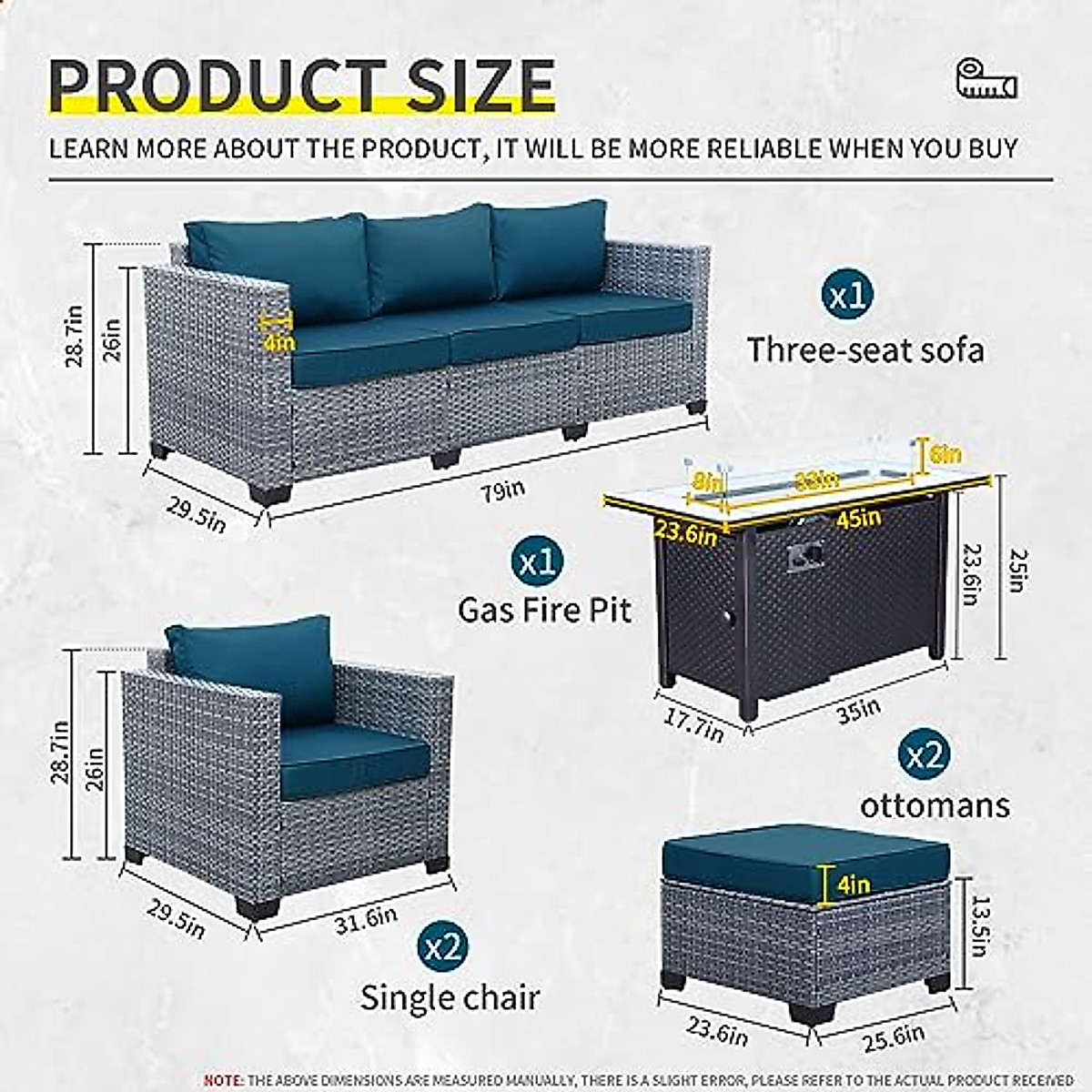 Lviden 6 Pieces Wicker Patio Furniture Sets Outdoor Conversation Set PE Rattan Sectional Sofa Couch with 45" Fire Pit Table and Peacock Blue Cushions