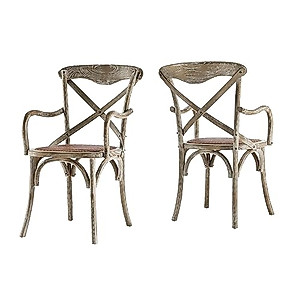 Modway Gear Rustic Modern Farmhouse Elm Wood Rattan Two Dining Armchairs in Gray