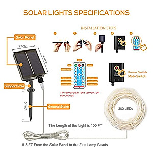 SUNILLUMA Outdoor Solar Fairy Lights - 300 LED 100FT Strong PVC Wire with 8 Functions by Remote, Waterproof, Warm White Lights and Transparent Wire, Great for Party, Garden and Holiday Decoration