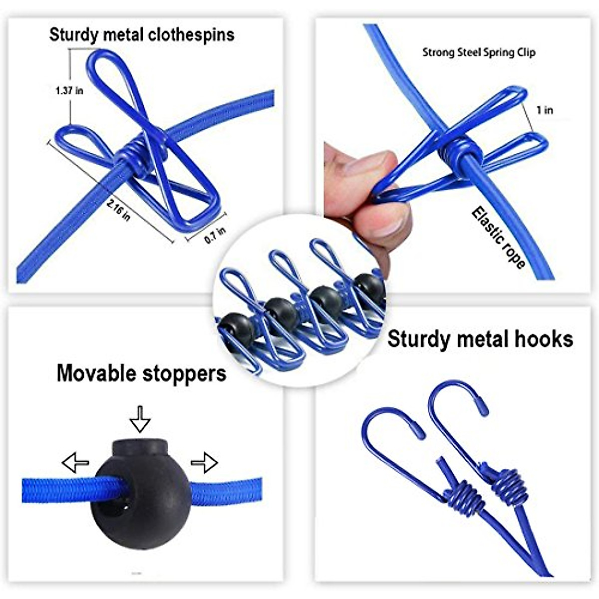 Vshinic Portable Clothesline with 12 Clothespins,Travel Retractable Clothesline,Wind-Proof Clothes Drying Line for Camping Hotel Indoor & Outdoor Blue