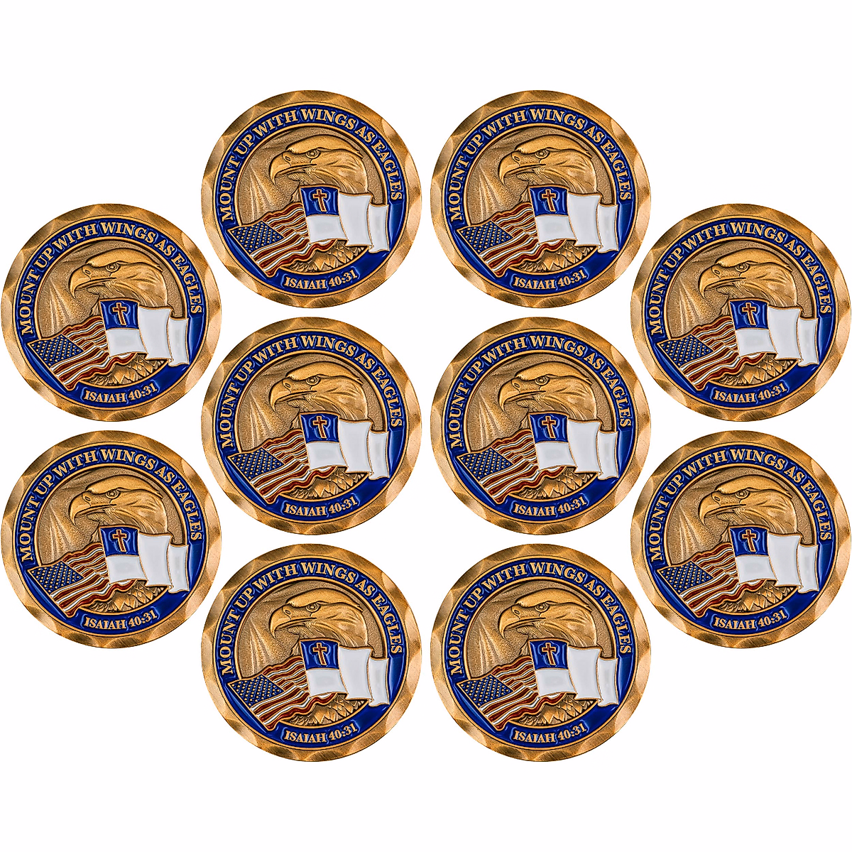 Mount Up with Wings as Eagles, Bulk Pack of 10 Christian Coin Tokens, Collectible Religious American Flag Military Challenge Coin Souvenir, Antique Gold-Color Plated Bald Eagle Gift, Isaiah 40:33