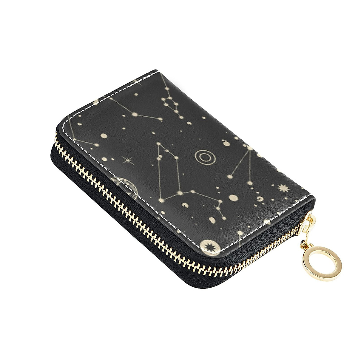 Zodiac Signs Moon Moonlight in Vintage Style on Dark Credit Card Coin wallet, Key Change Organizer Zipper Purse Compact Clutch Pouch Pocket, RFID Blocking Women Leather Card Holder