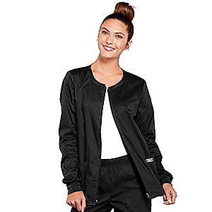 Cherokee Zip Front Scrub Jackets for Women, Workwear Core Stretch Soft Brushed Twill 4315, L, Black