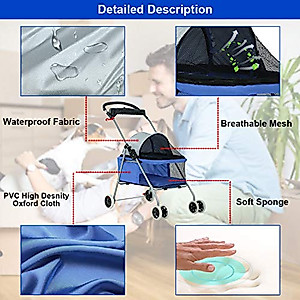 Pet Stroller 4 Wheels Posh Folding Waterproof Portable Travel Cat Dog Stroller with Cup Holder,Blue
