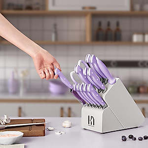 KnifeSaga Knife Block Set 15 Pcs, Kitchen Knife Set, Enduring Razor-Sharp Japanese High Carbon Stainless Steel Knife Set with Block, Purple
